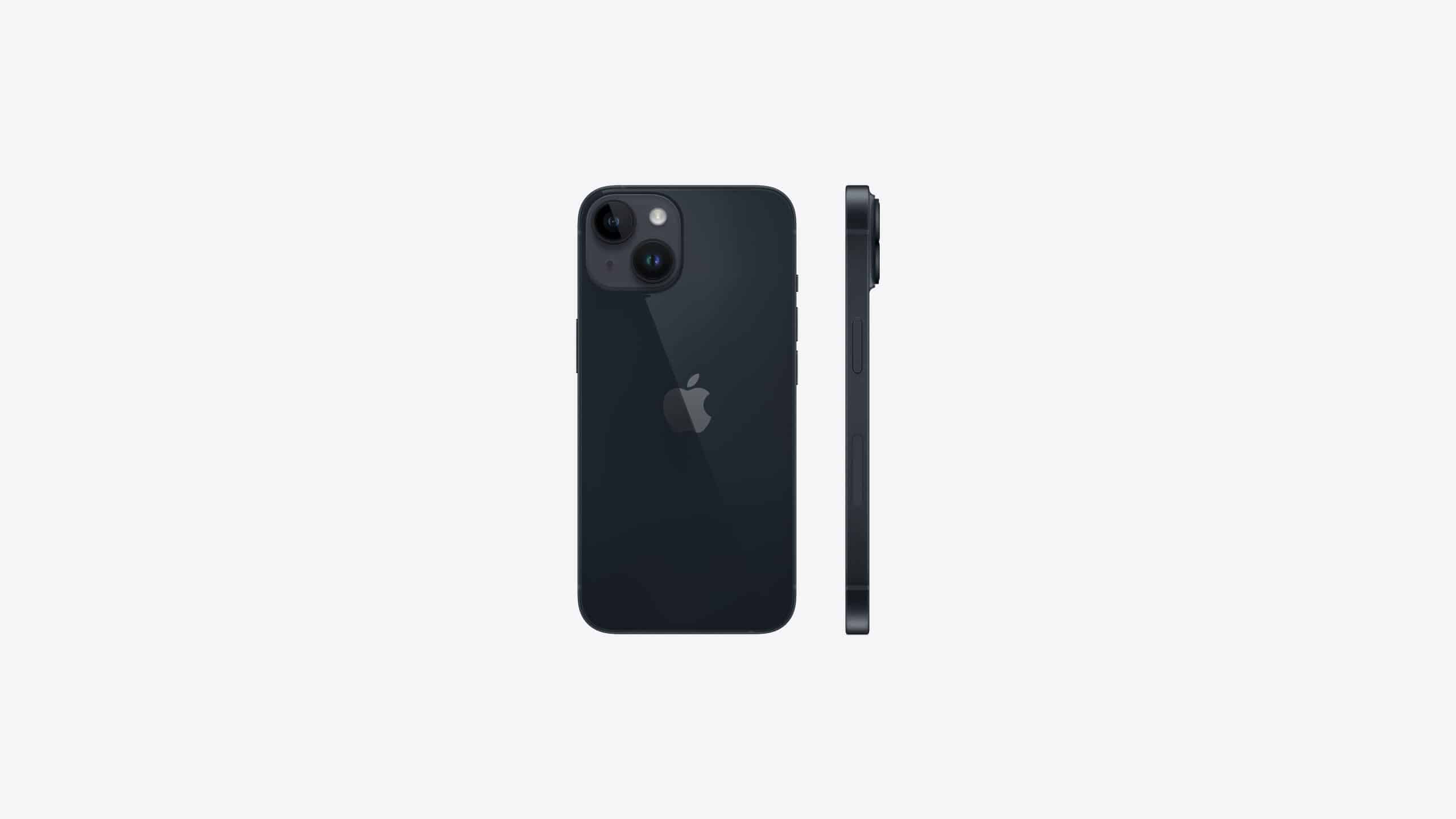 Back and side view of iPhone 14 in midnight